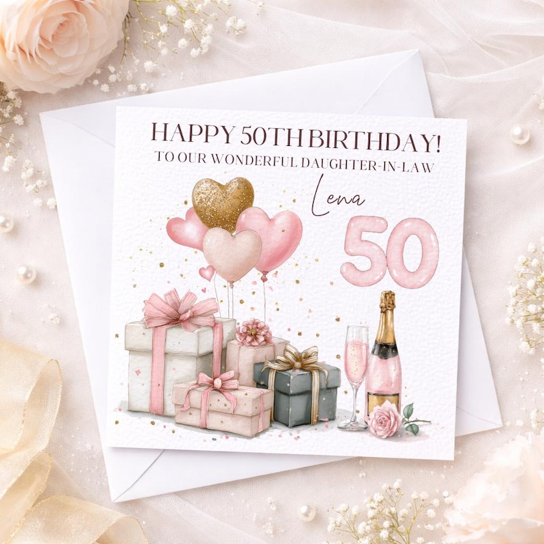 50th Birthday Card for Auntie, Personalised Aunt 50 Card, Pink ...