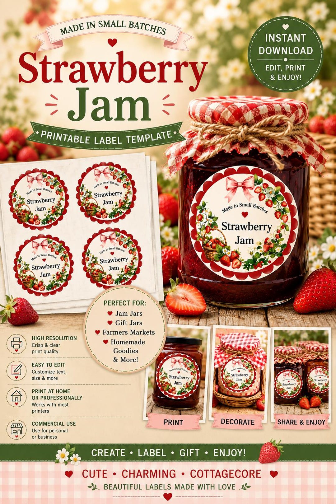 Strawberry Jam Label Template, Cottagecore Jar Sticker, Farmers Market ...
