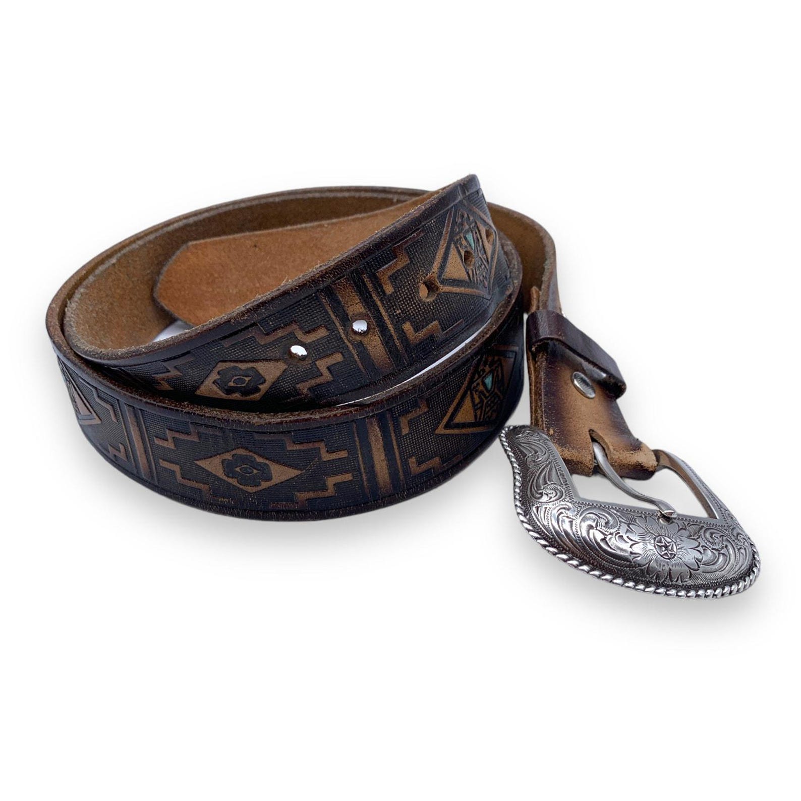 Vintage XL Men's Brown Embossed Western Silver Buckle Real 100% Leather ...