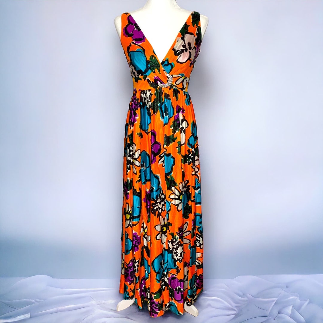 NWT VINTAGE 60s Fred Perlberg Hand Screen Printed Floral Maxi Dress SZ ...