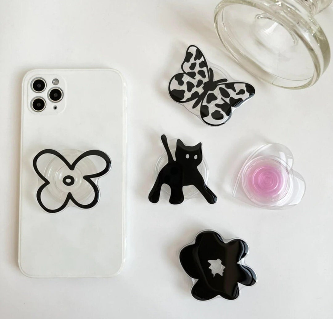 Clear Flower Heart Cat Butterfly Black Phone Grip Holder Foldable Stand ...