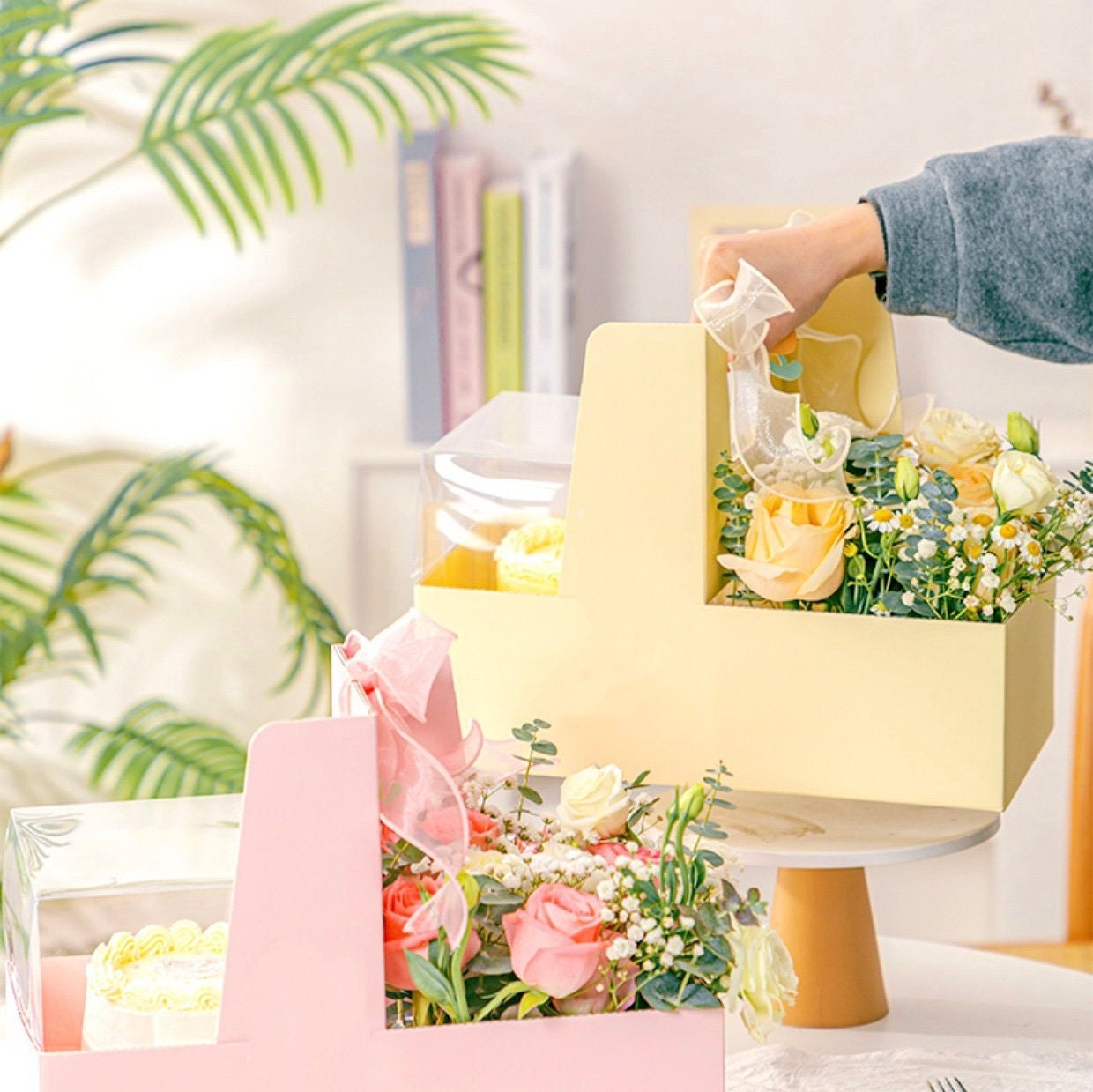 2 Sets Cake Flower Gift Boxes With 2 Pcs Small Clear Cake Boxes,for ...