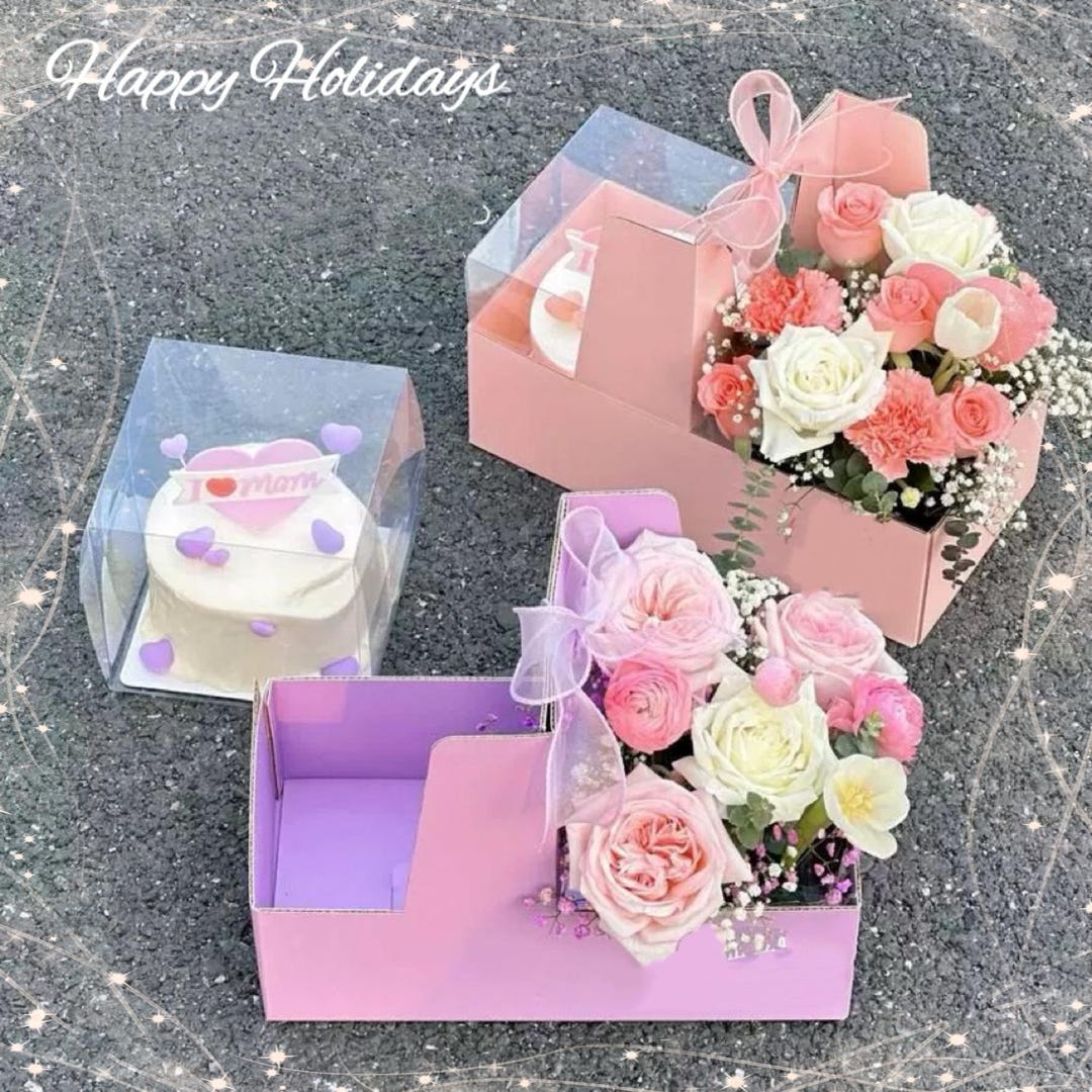 5 Sets Cake Flower Gift Boxes With 2 Pcs Small Clear Cake Boxes,for ...