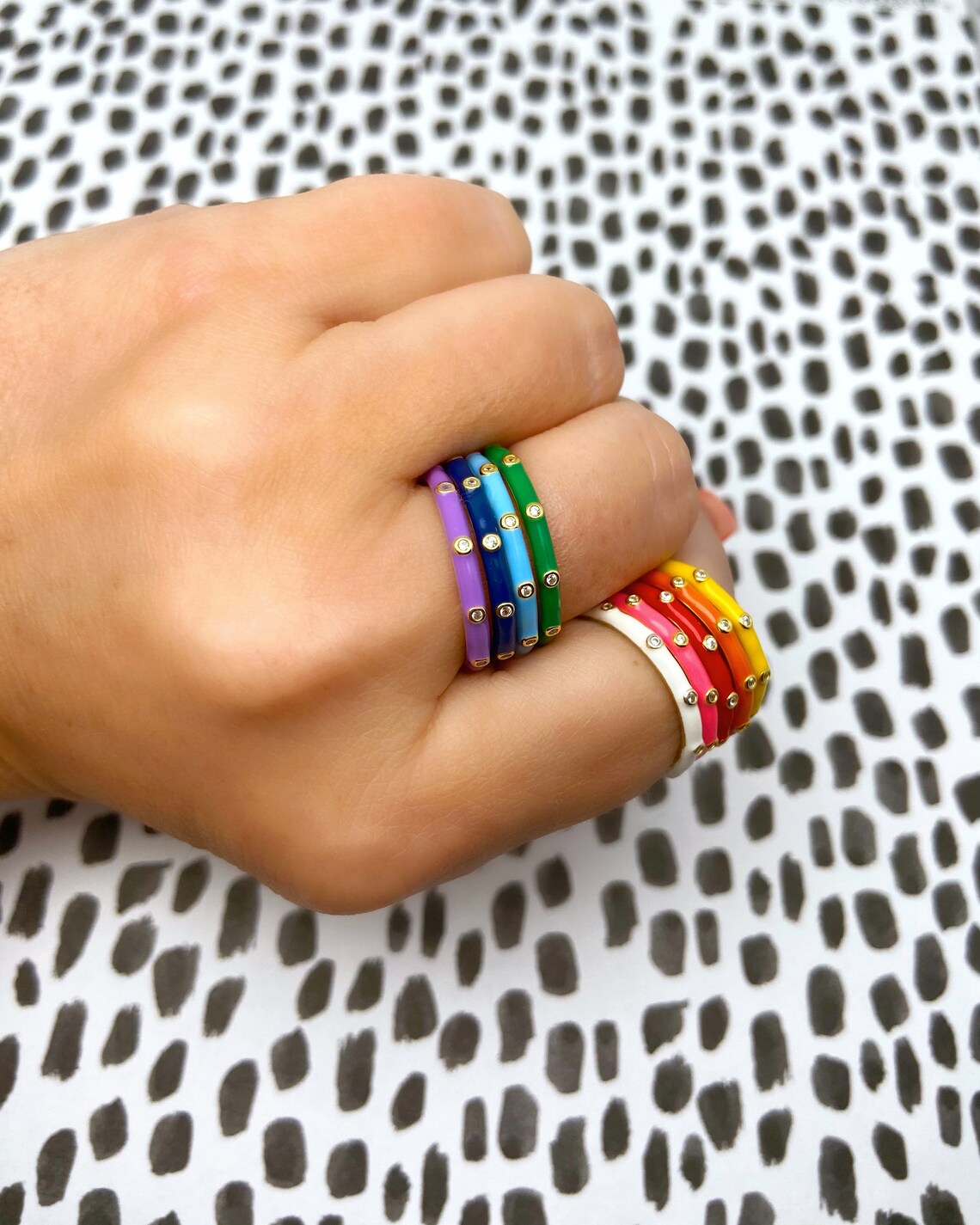 Rainbow 10 Enamel Stack Rings Set - Etsy