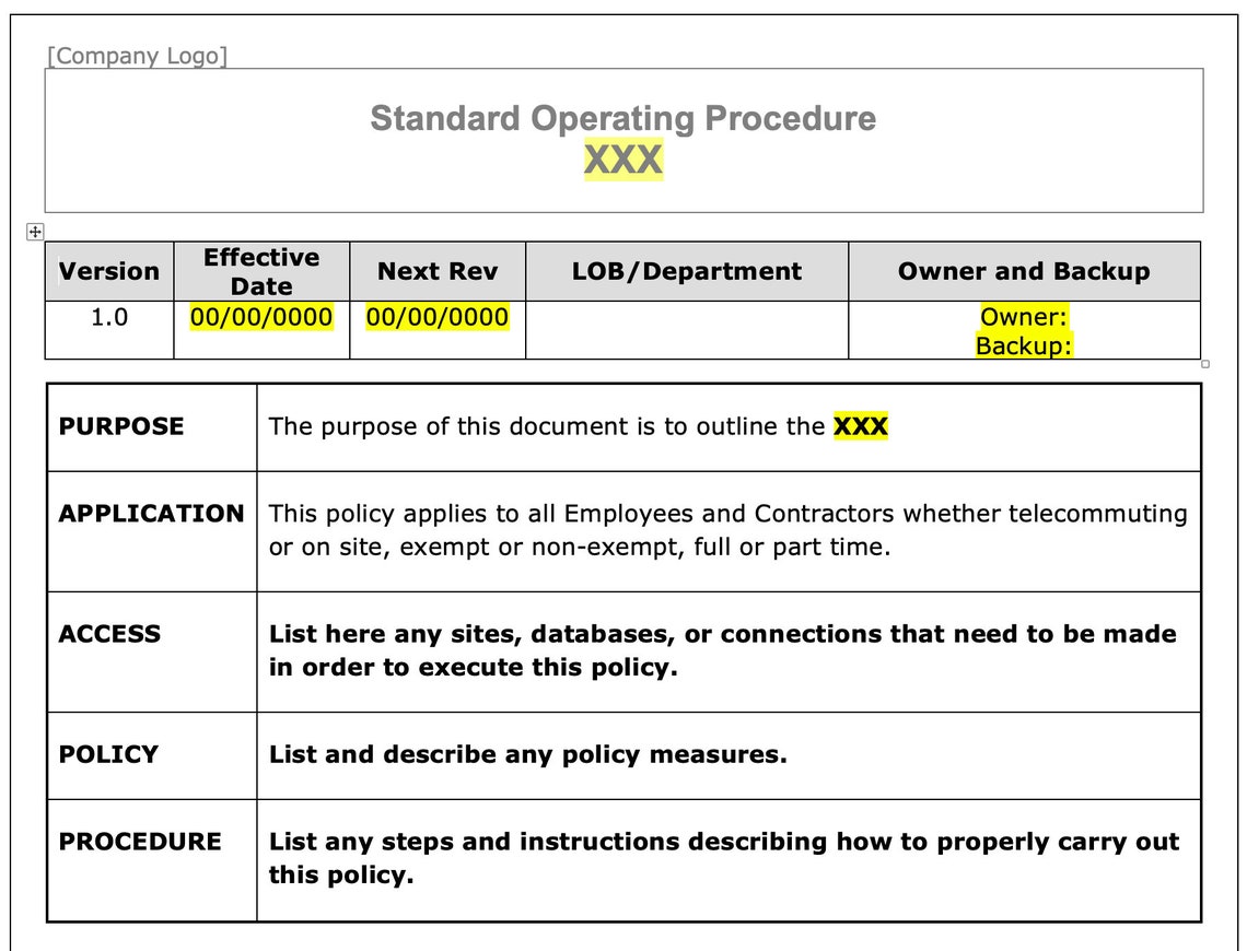 MODÈLE DE PROCÉDURE OPÉRATIONNELLE NORMALISÉE | Etsy