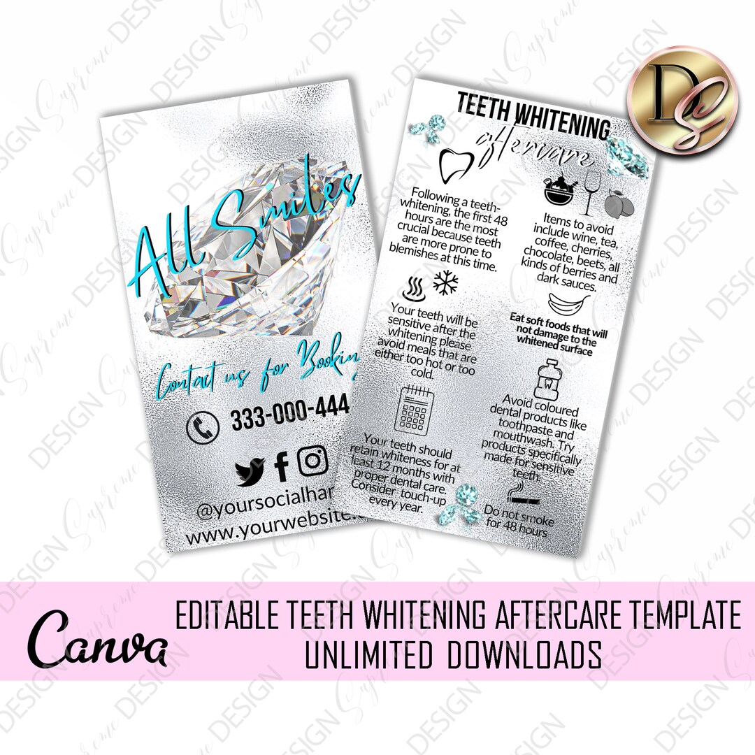 Teeth Whitening Aftercare Card, Printable Teeth Whitening Care Template ...
