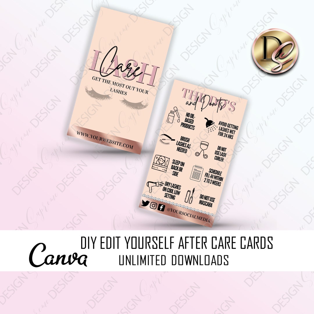 Lash Extensions Care Card, Editable After Care Card, DIY Beauty Lash ...