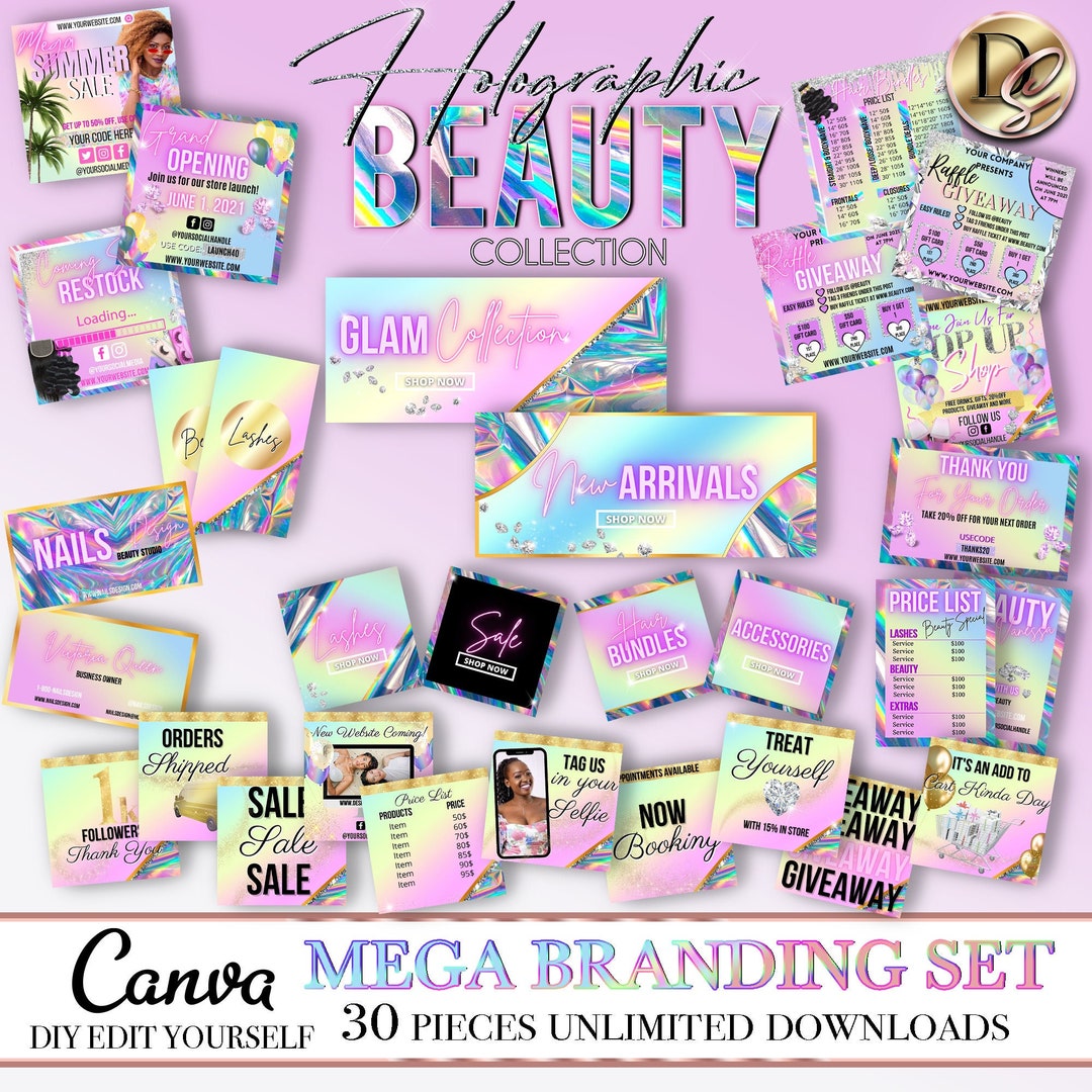 Brand Kit Template, Holographic Branding Set, DIY Editable Brand Set ...