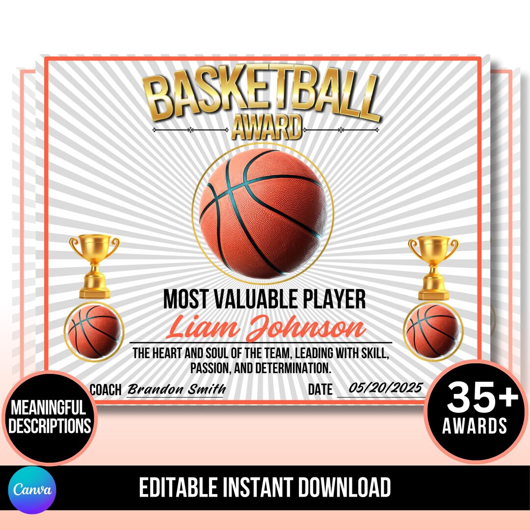 Basketball Award Certificate Editable Team Certificate Customizable ...