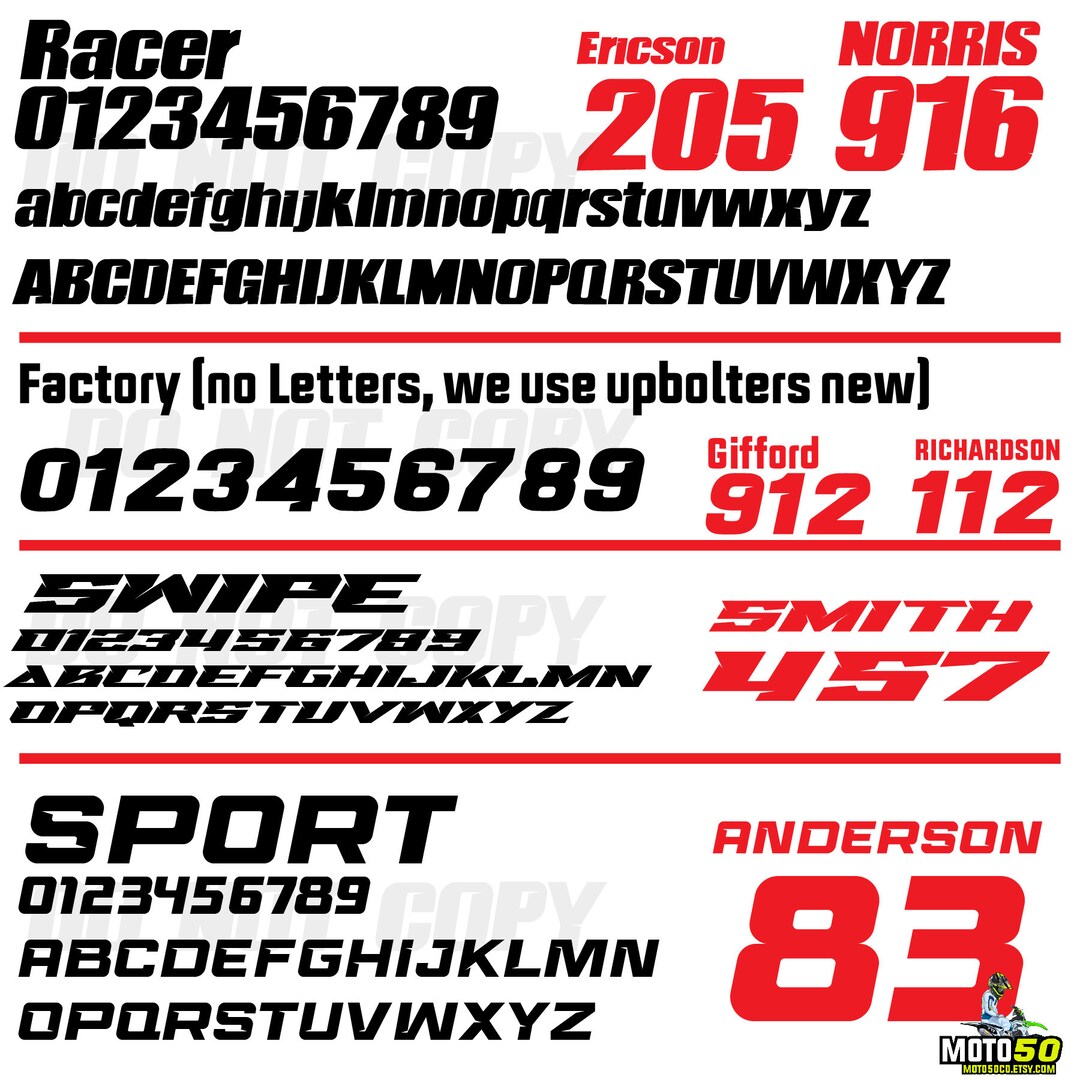 Motocross RACER Font, Motocross FACTORY Font Number Plate Decals ...