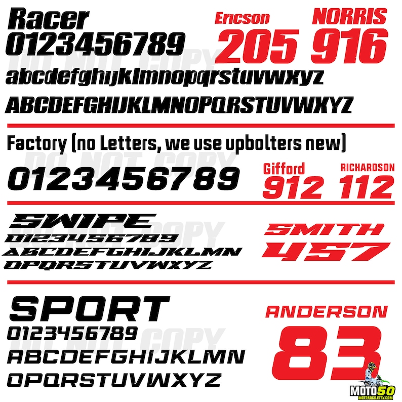 Motocross RACER Font, Motocross FACTORY Font Number Plate Decals ...