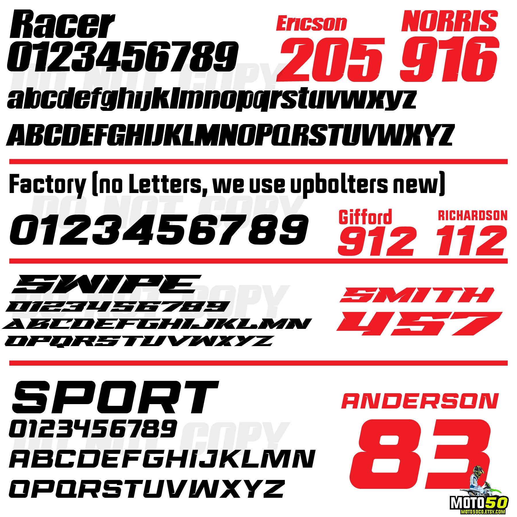 Motocross RACER Font, Motocross FACTORY Font Number Plate Decals ...