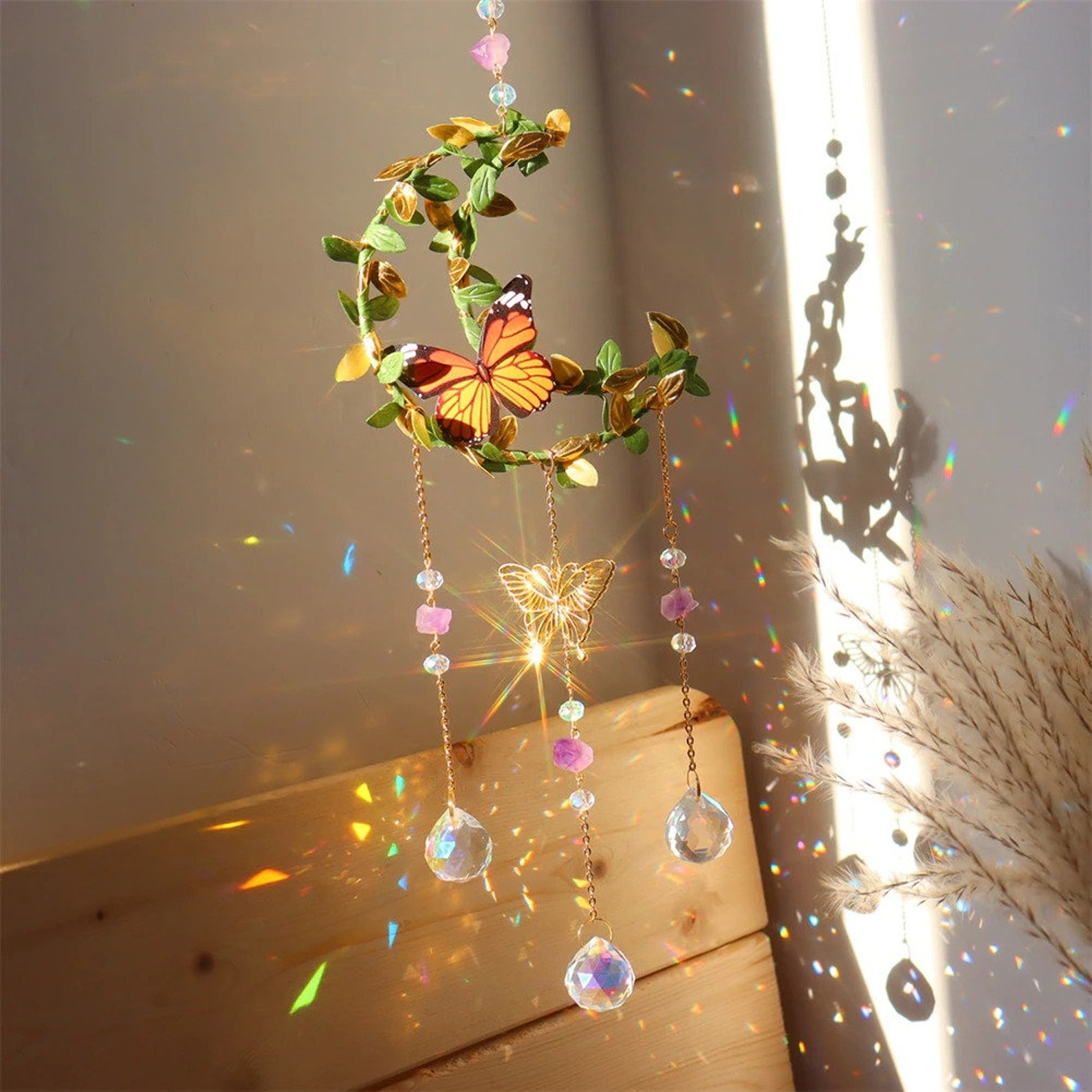 Leafy Butterfly Crystal Suncatcher / Cottagecore Rainbow Maker Prism ...