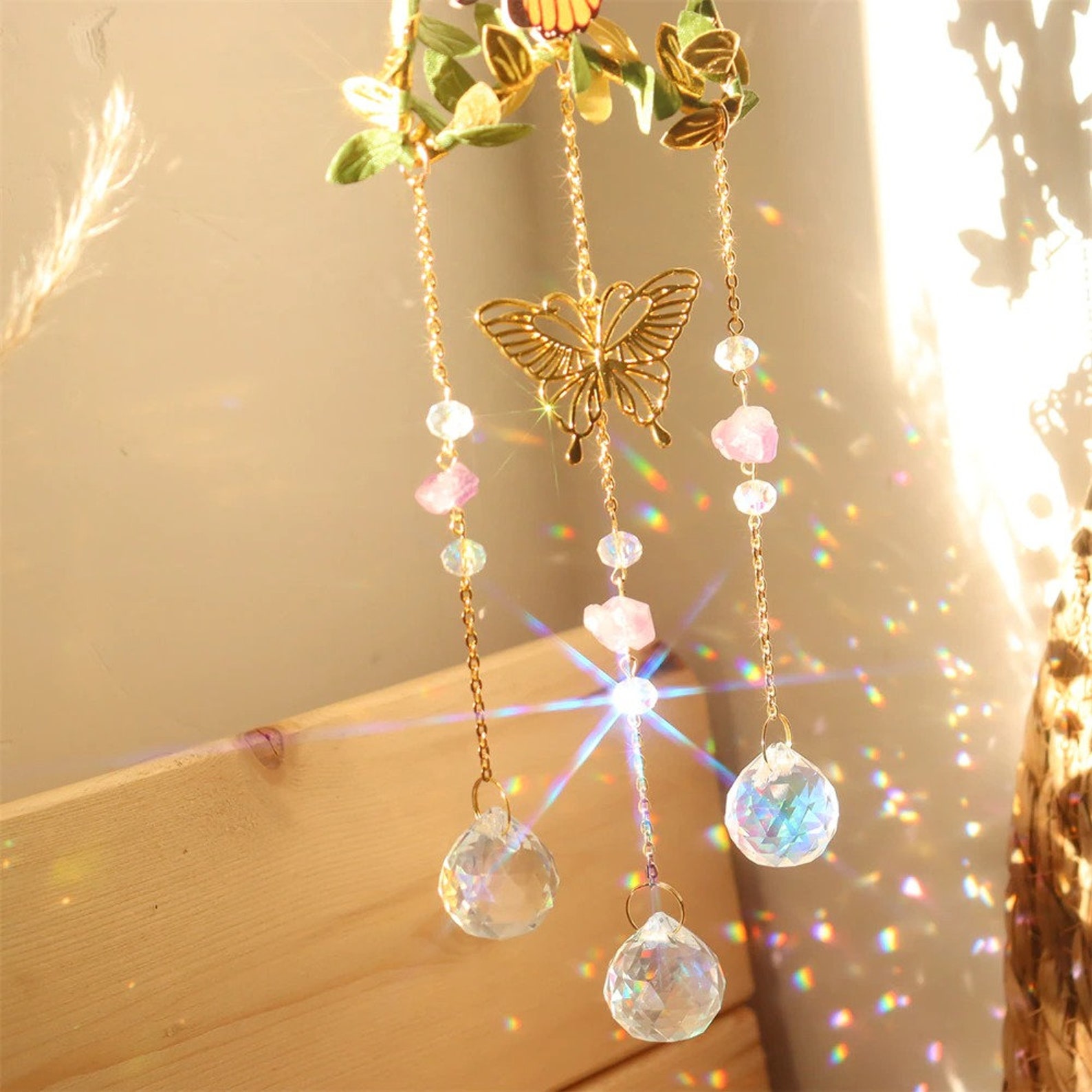 Leafy Butterfly Crystal Suncatcher / Cottagecore Rainbow Maker Prism ...