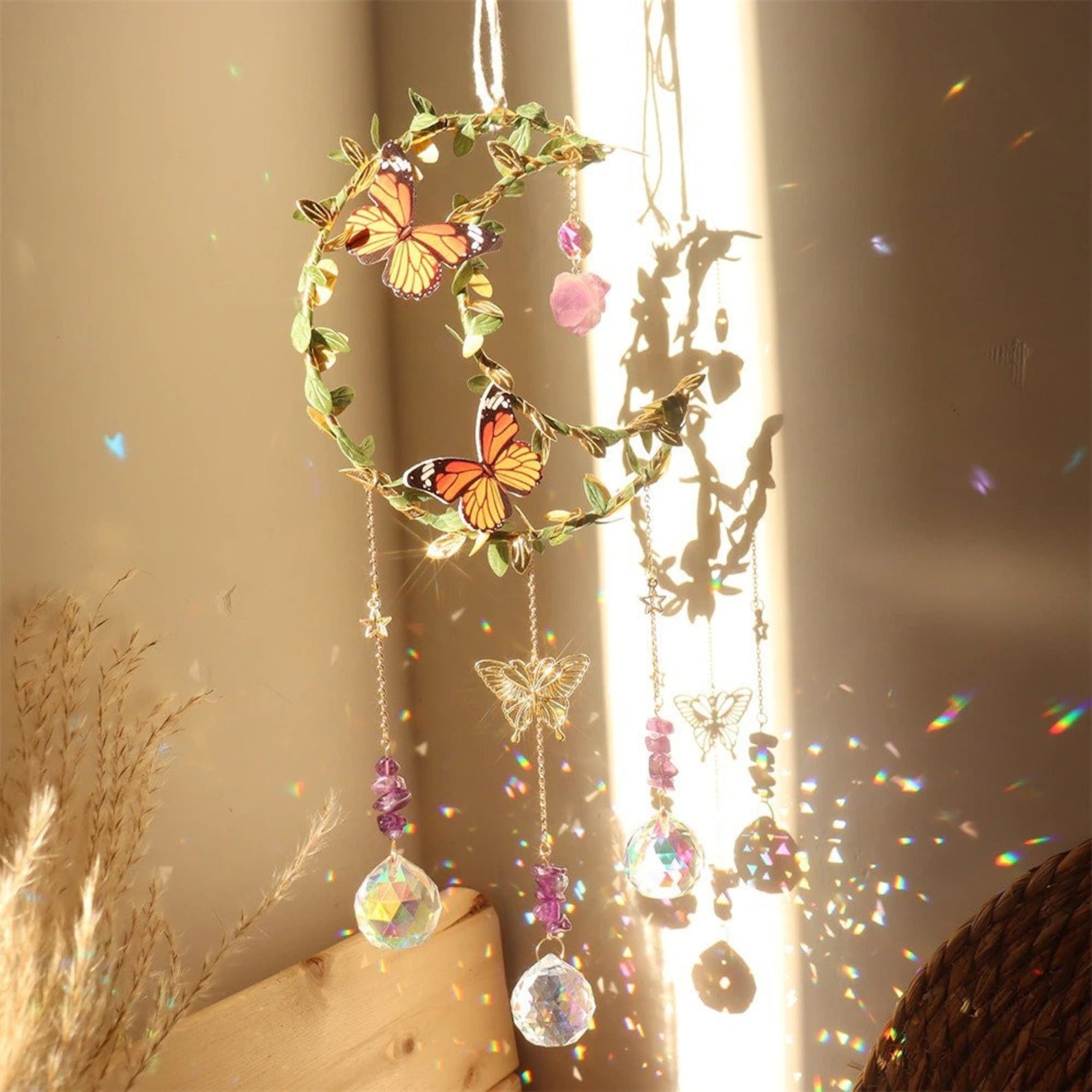 Leafy Butterfly Crystal Suncatcher / Cottagecore Rainbow Maker Prism ...