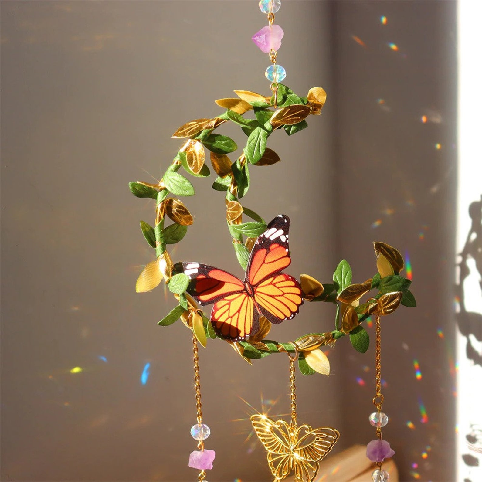 Leafy Butterfly Crystal Suncatcher / Cottagecore Rainbow Maker Prism ...
