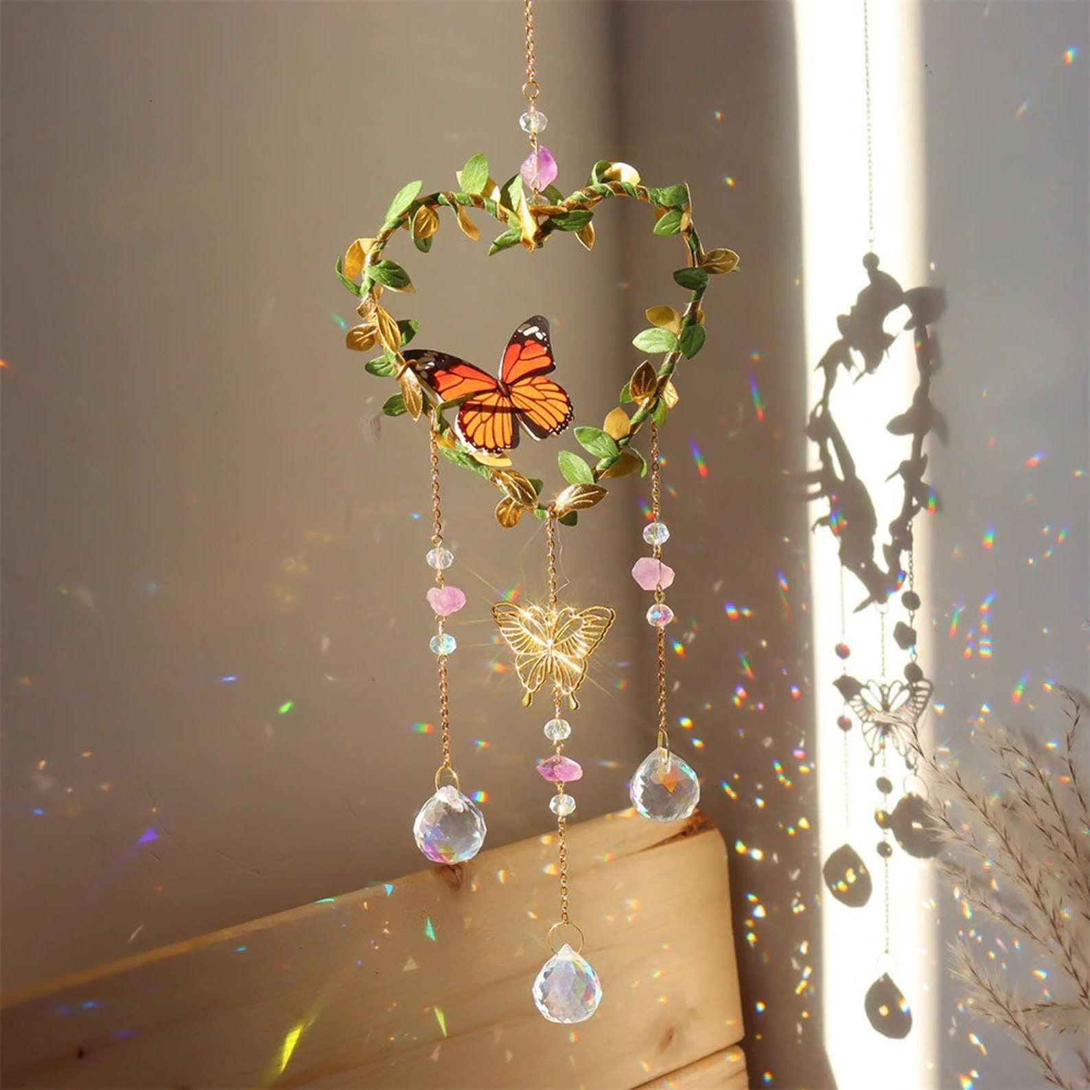 Leafy Butterfly Crystal Suncatcher / Cottagecore Rainbow Maker Prism ...