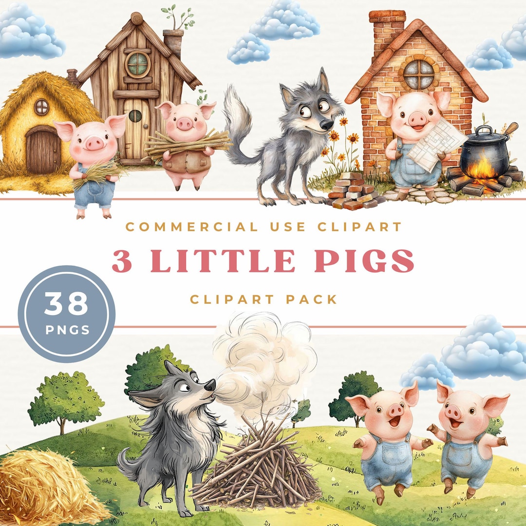 3 Little Pigs Clipart - Fairytale Digital Download - Big Bad Wolf Art ...