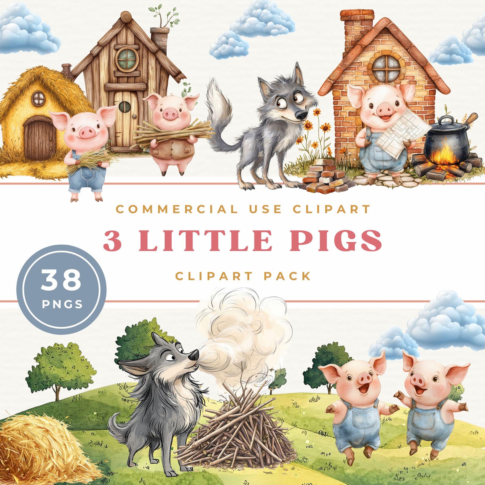 3 Little Pigs Clipart - Fairytale Digital Download - Big Bad Wolf Art ...