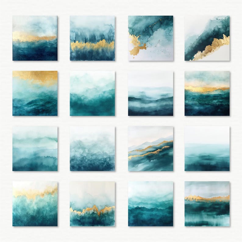 Teal & Gold Watercolor Digital Paper - Abstract Background - Printable ...