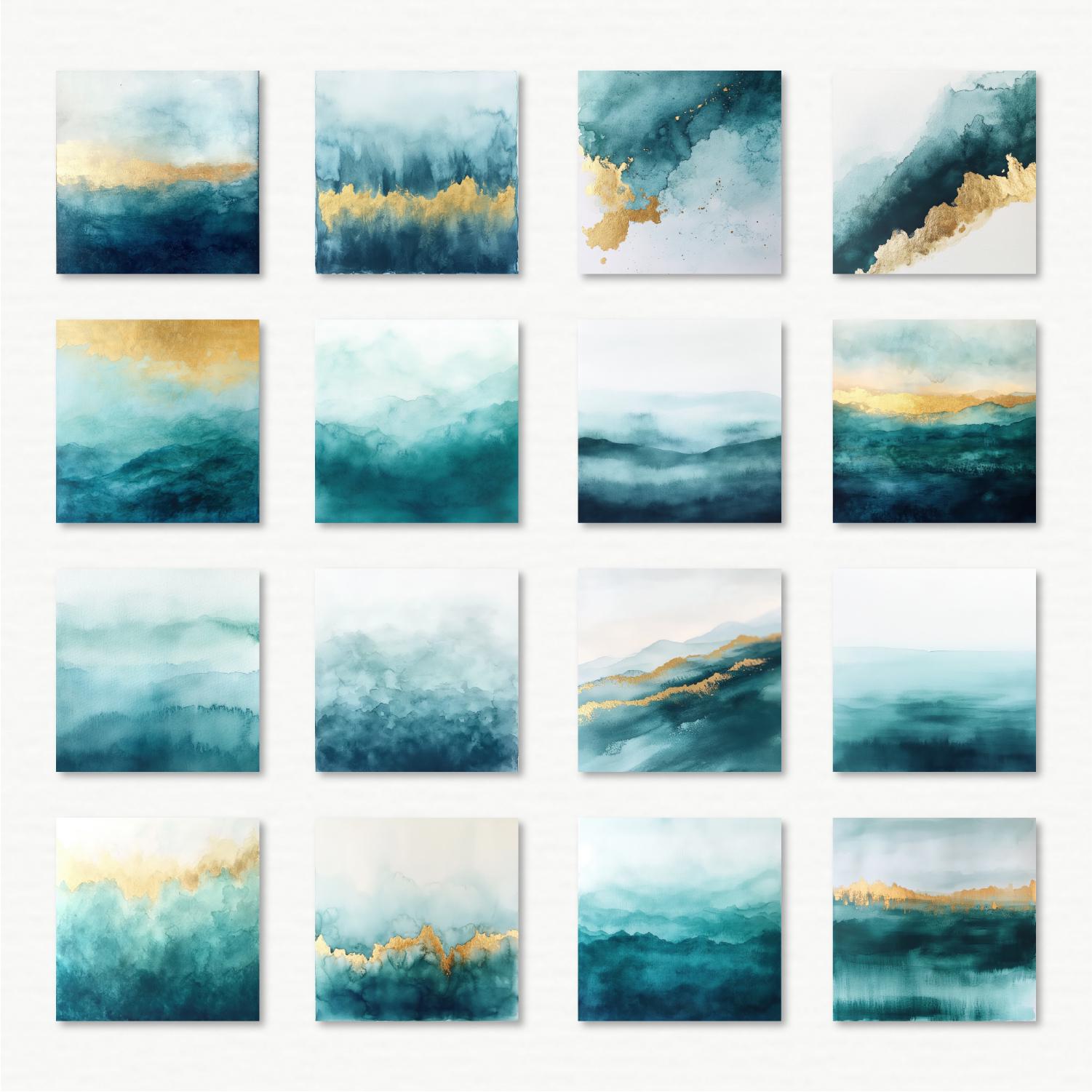 Teal & Gold Watercolor Digital Paper - Abstract Background - Printable ...