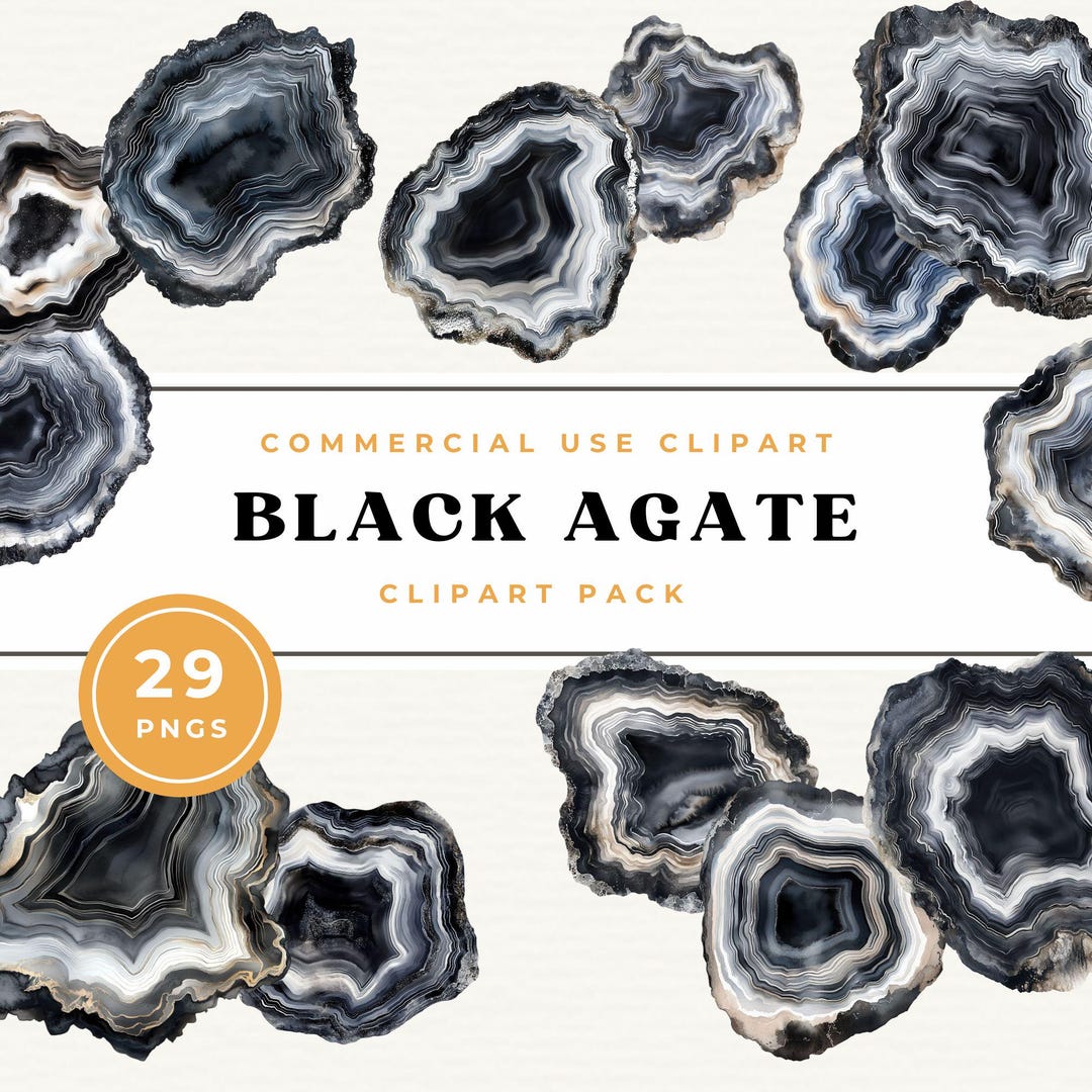 Watercolor Black Agate Clip Art, Digital Geode Papers, Black Marble PNG ...