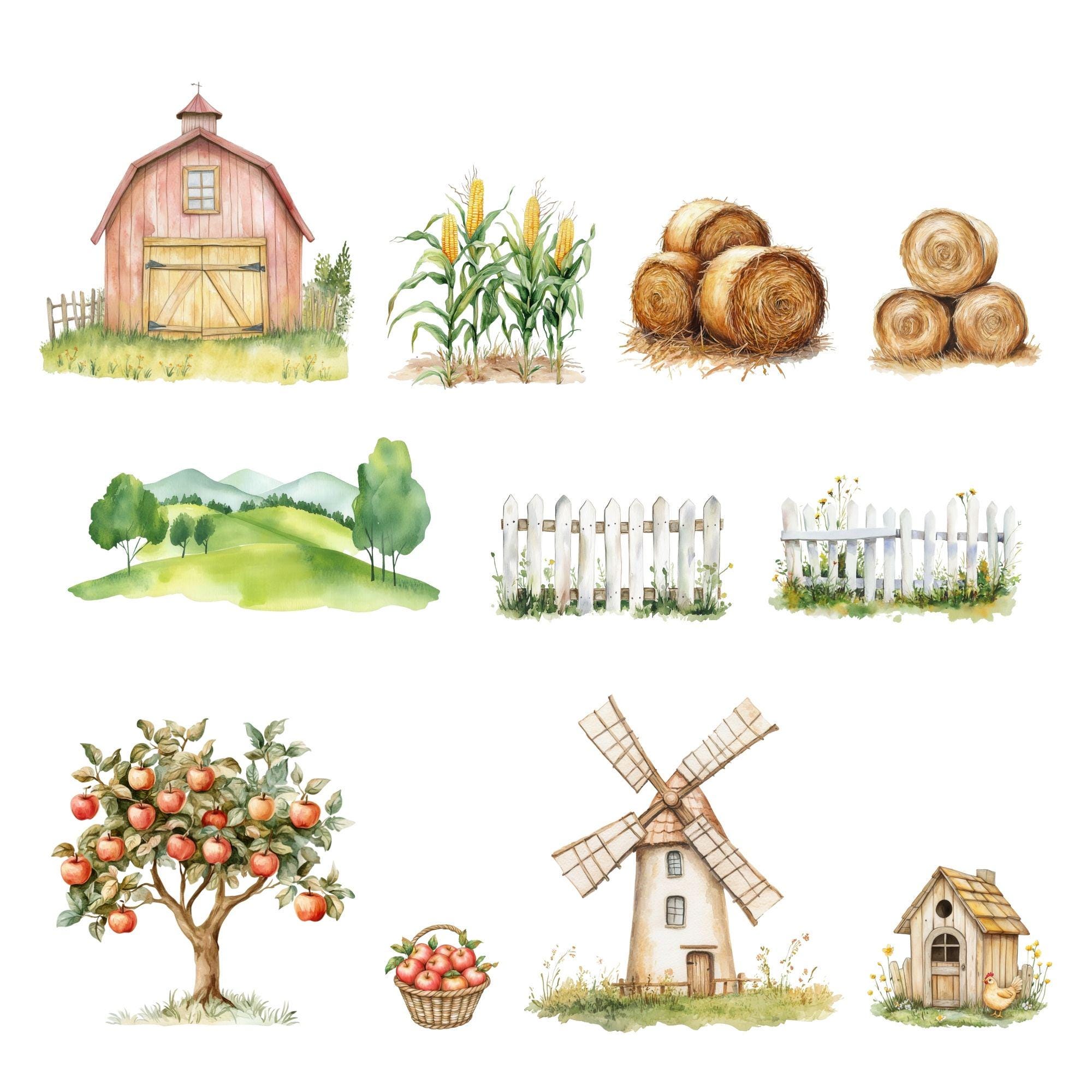 Watercolor Farm Scene Clipart - Farmland Art - Digital Download for ...