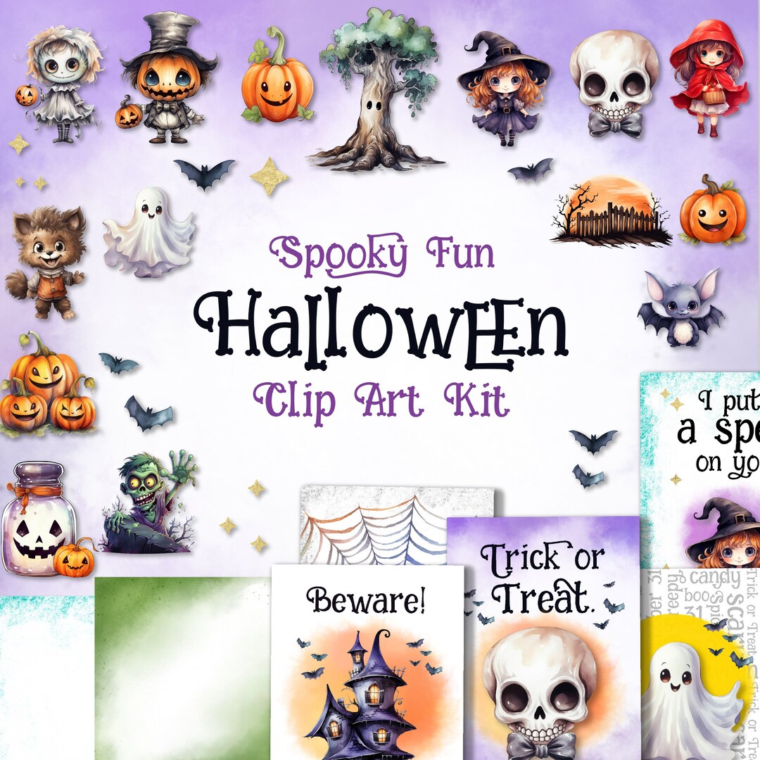 Spooky Fun Halloween Clip Art Kit | Watercolor Cute Halloween Clipart ...