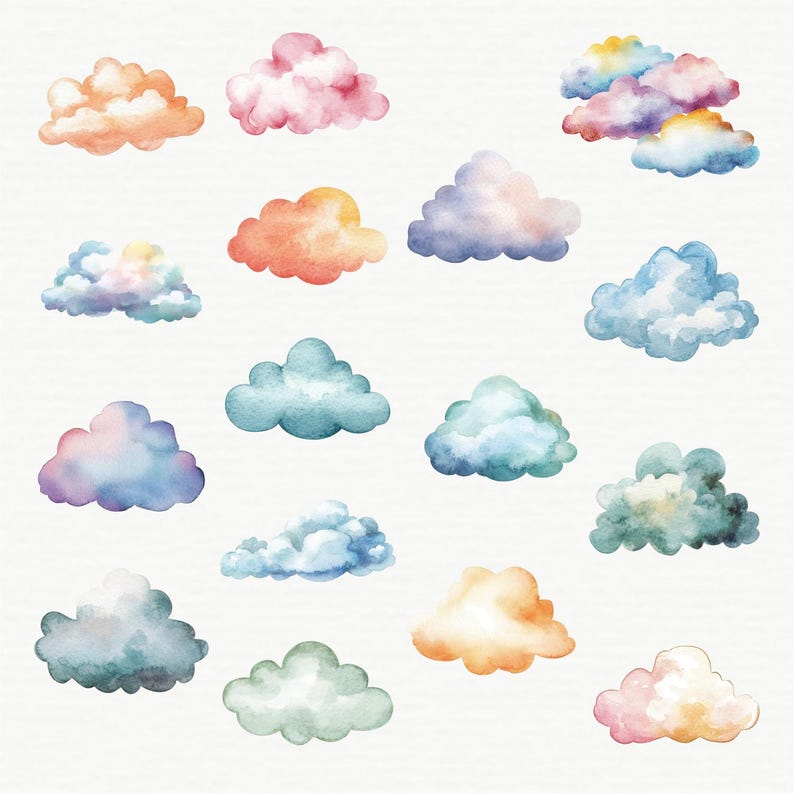 Watercolor Clouds Clipart - Cute Weather Illustrations - Digital ...