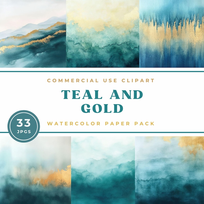 Teal & Gold Watercolor Digital Paper - Abstract Background - Printable ...