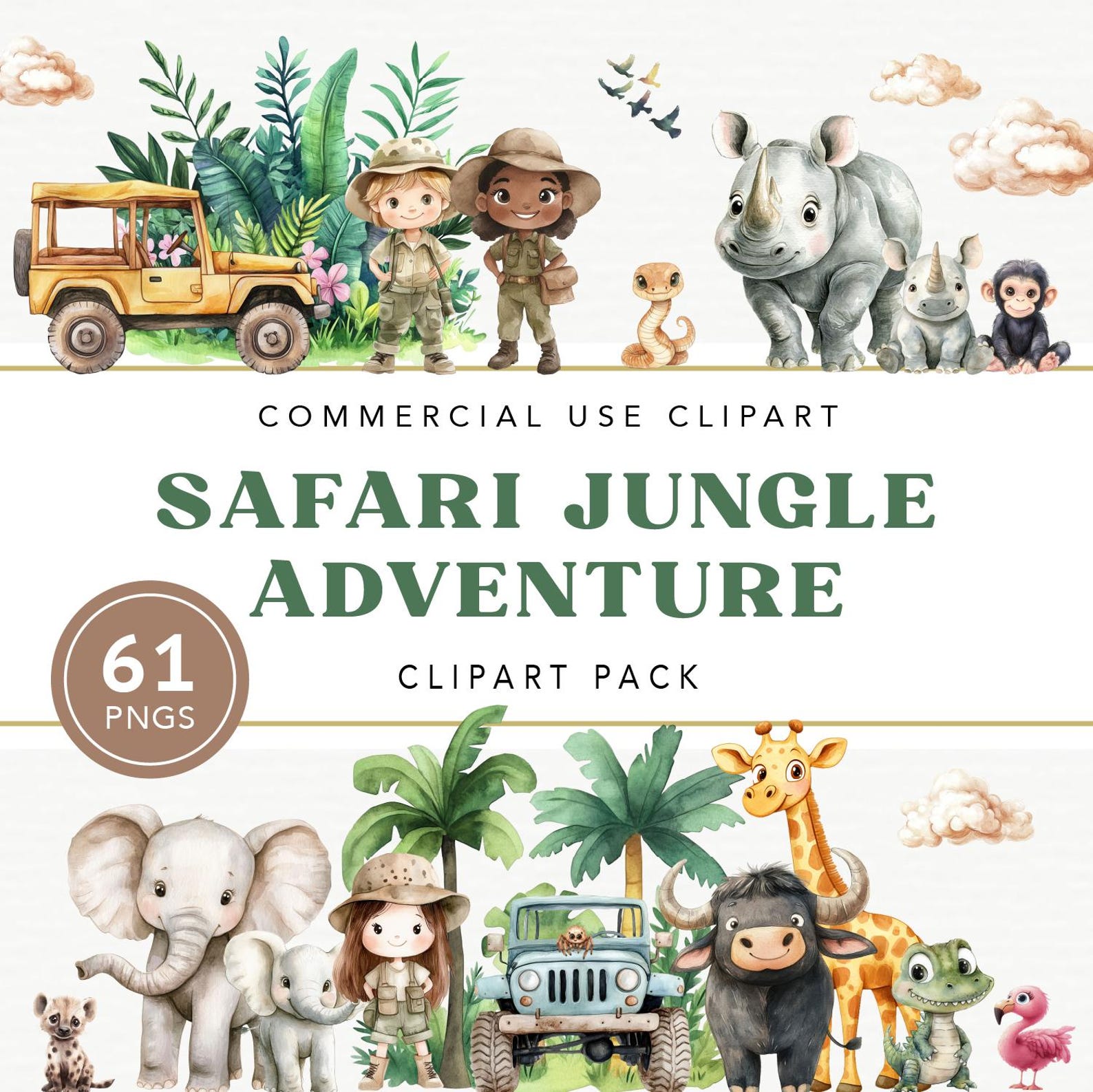 Safari Jungle Clipart, Baby Animals Clipart, Watercolor Digital ...
