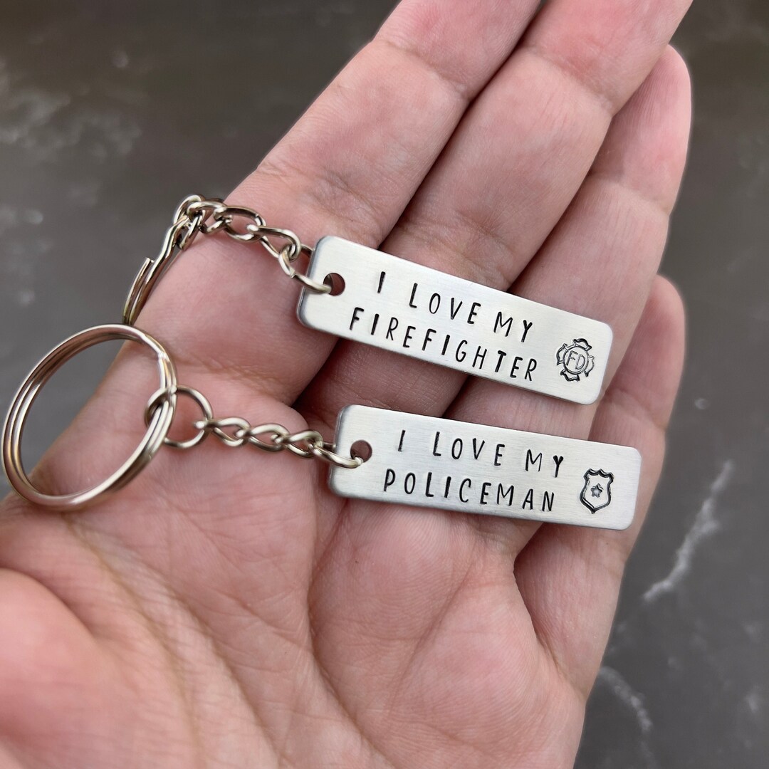 I Love My Policeman Firefighter Law Enforcement Keychain Metal Stamped ...