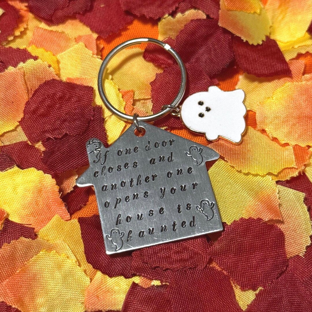 Hand Stamped Haunted House Keychain With Ghost Charm - Etsy