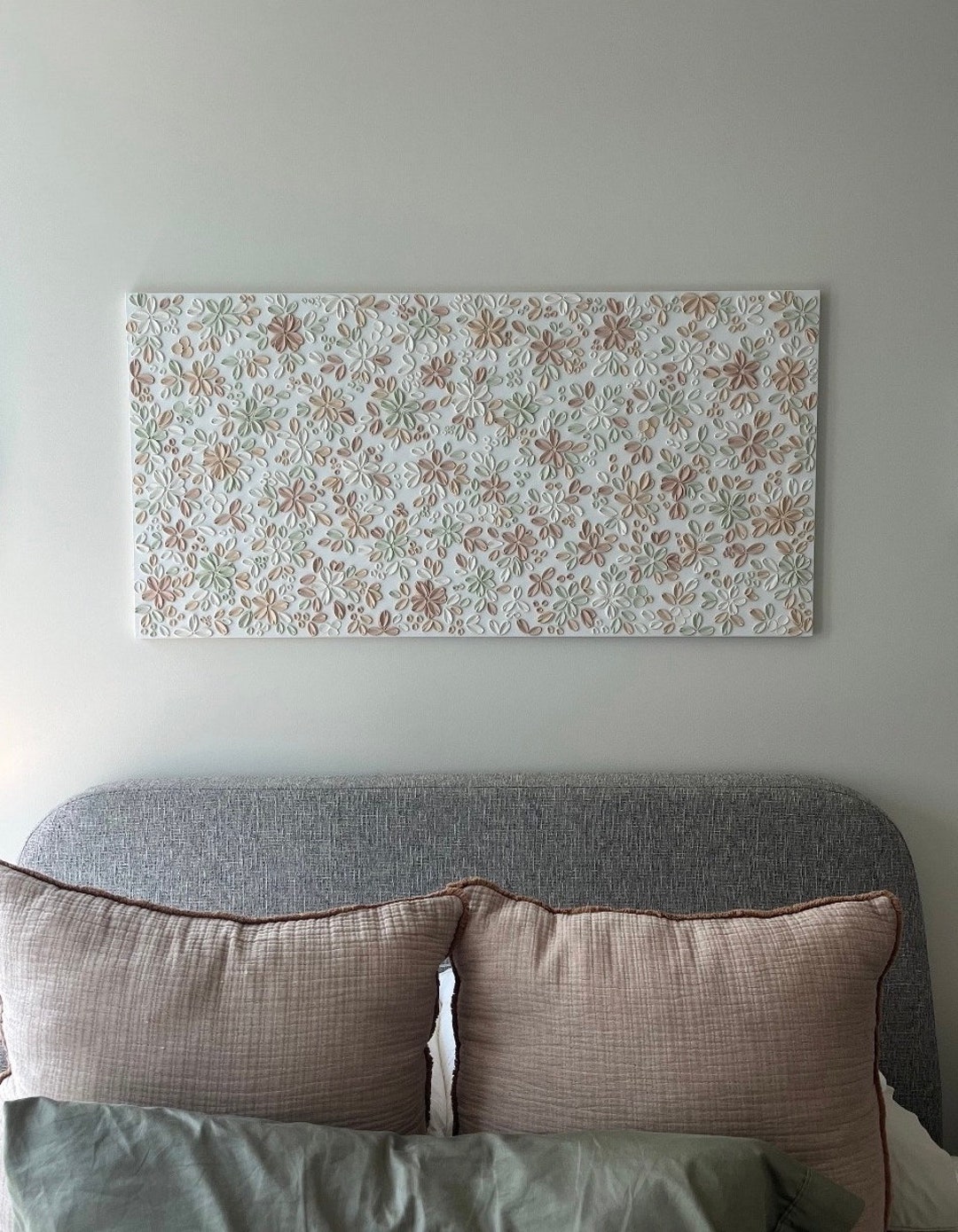 Original 3D Textured Neutral Wall Art, Brown-white-green Sage 3D Floral ...