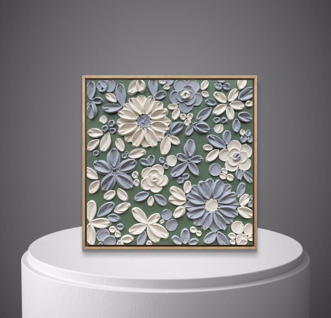 Blue Gray Flower Wall Art, Neutrals 3D Floral Painting, Moody Decor ...