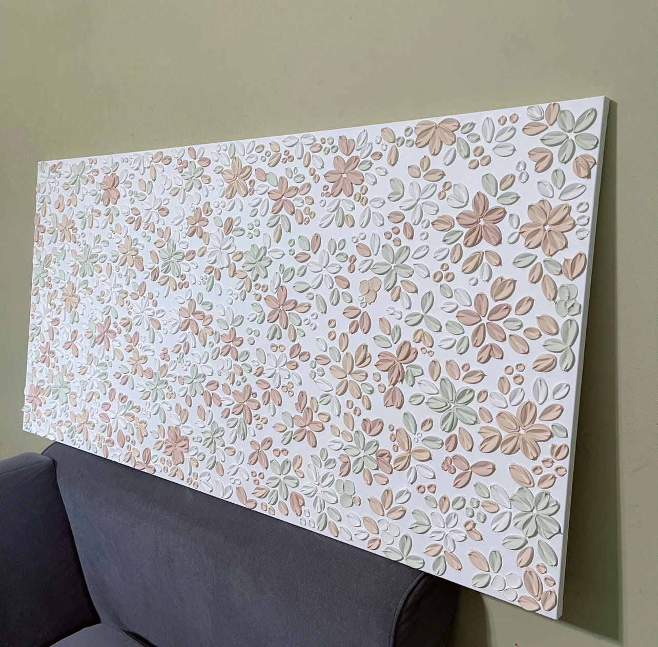Original 3D Textured Neutral Wall Art, Brown-white-green Sage 3D Floral ...