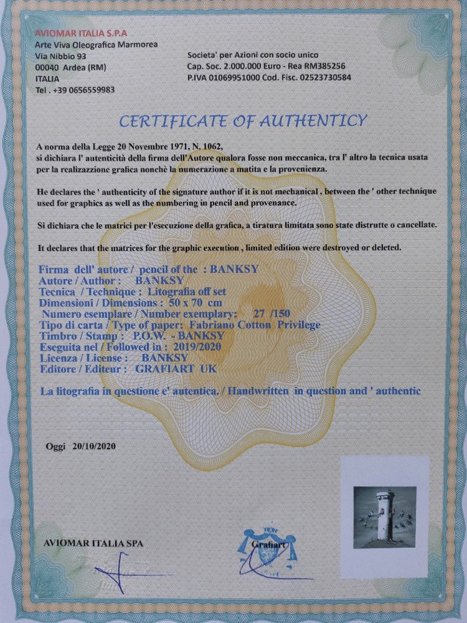 BANKSY Signed Watchtower Swing Certificate banksy Art - Etsy