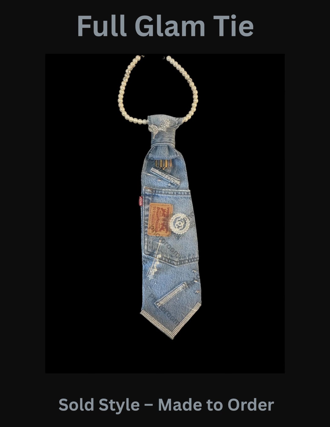 Full Glam Denim Junk Tie With Branding & Pearl Necklace – Made-to-order ...