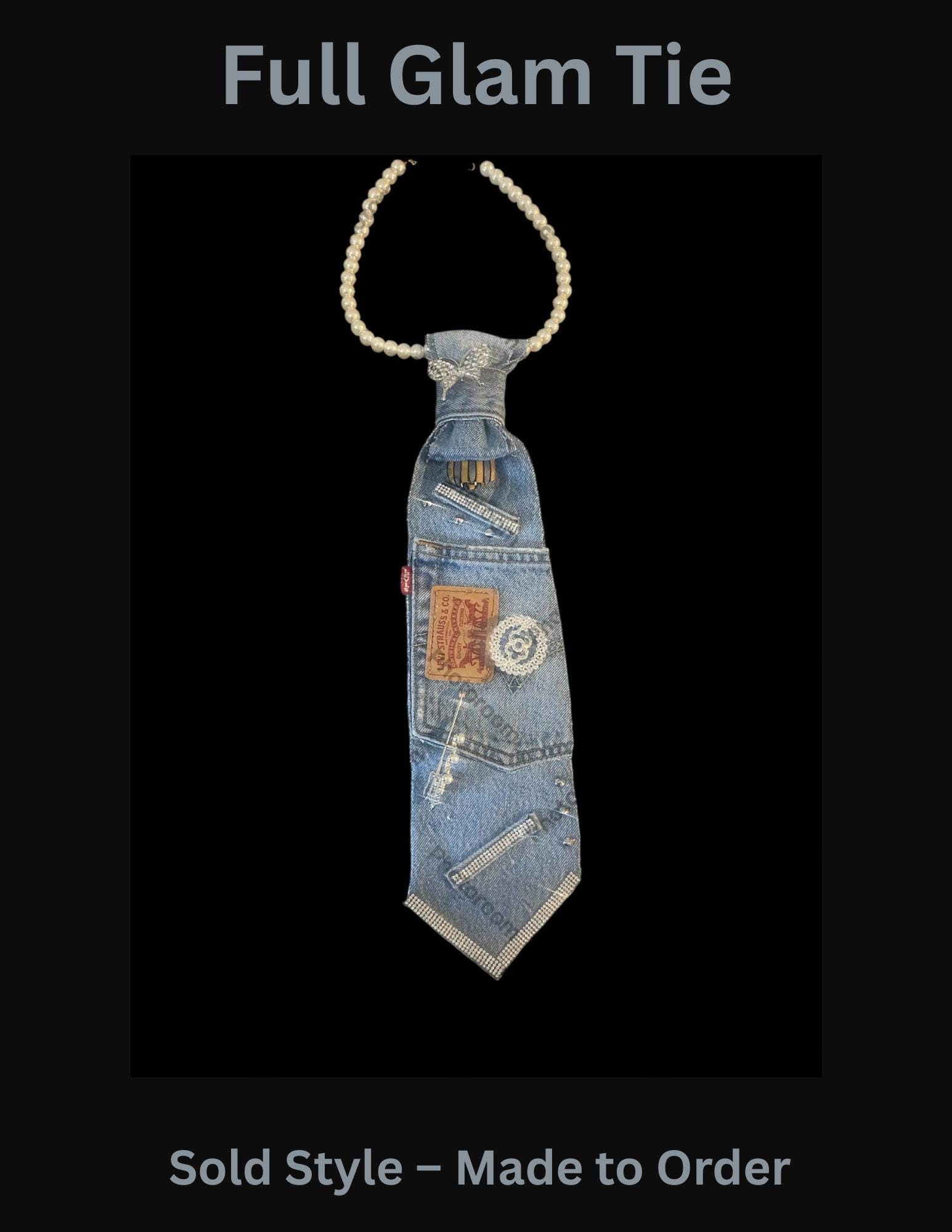 Full Glam Denim Junk Tie With Branding & Pearl Necklace – Made-to-order ...