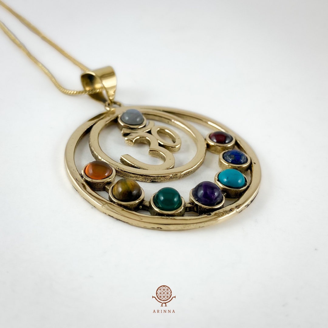 Brass Om & 7 Chakra Stones Pendant - Harmonious Energy Balance ...
