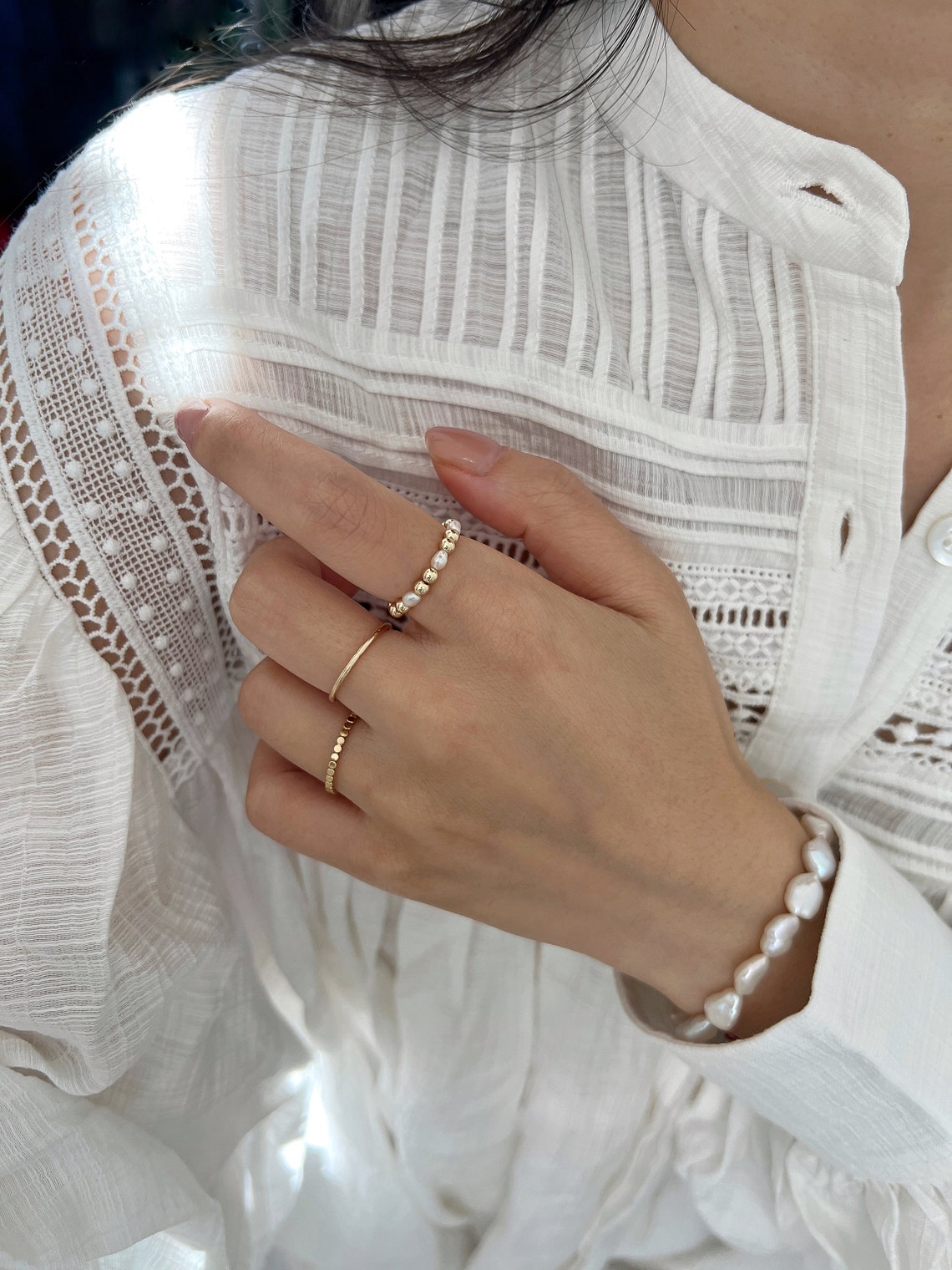 14K Gold Freshwater Pearl Ring Beaded Pearl Layering Ring - Etsy