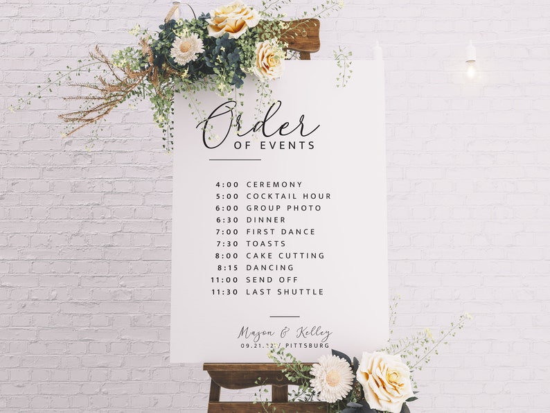 Orden de eventos Cartel de bienvenida de boda Plantilla imprimible ...