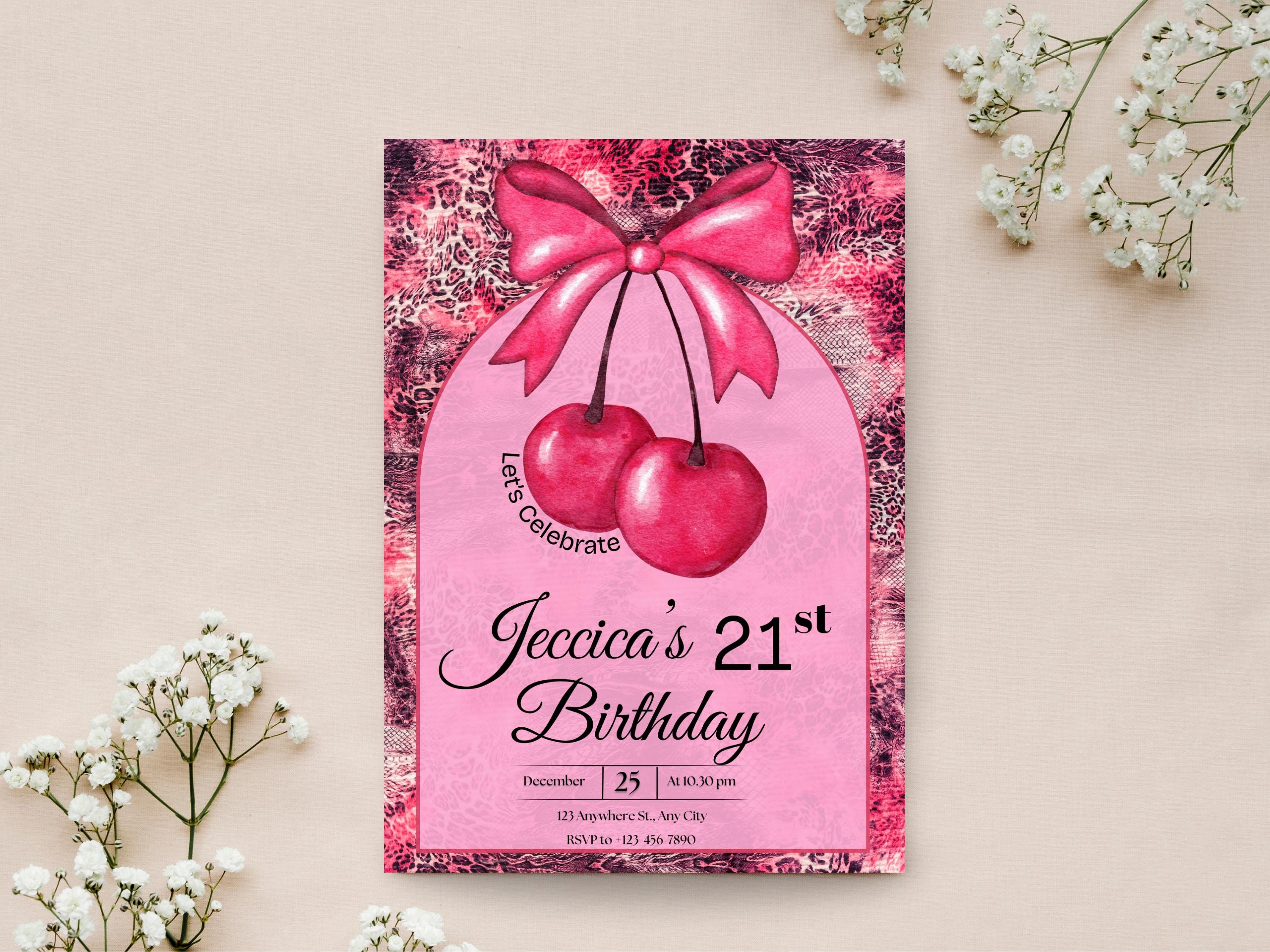 Pink Cheetah Print Cherry on Top Birthday Invitation, Leopard Print Bow ...