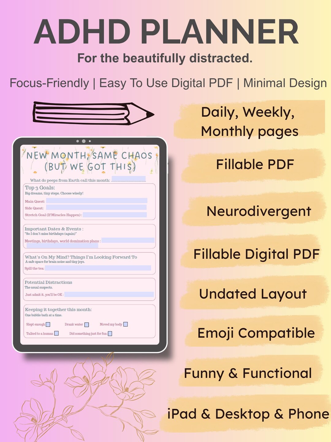 Basic ADHD Planner | Daily, Weekly, Monthly & Fillable | Easy Elegant ...