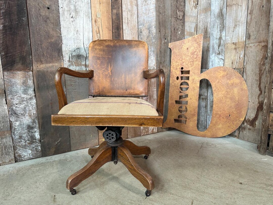 Antique Oak Revolving Desk Office Leather Hessian Chair, C 1930 - Etsy
