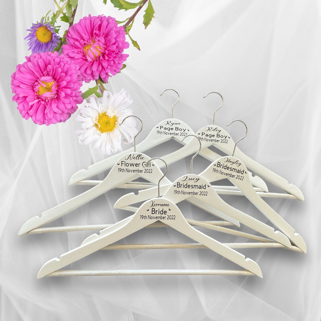 Personalised Wedding Day Bridal Party Hangers, White Wooden Hangers for ...