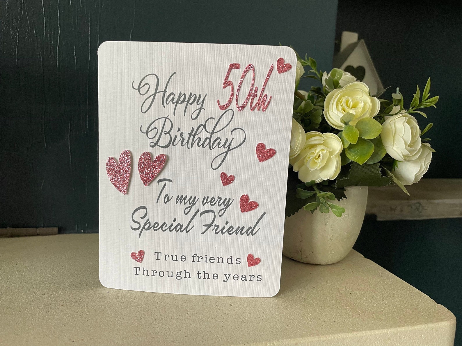 50th Birthday Card for True Friend Pretty Pink Fiftieth Greetings Card ...