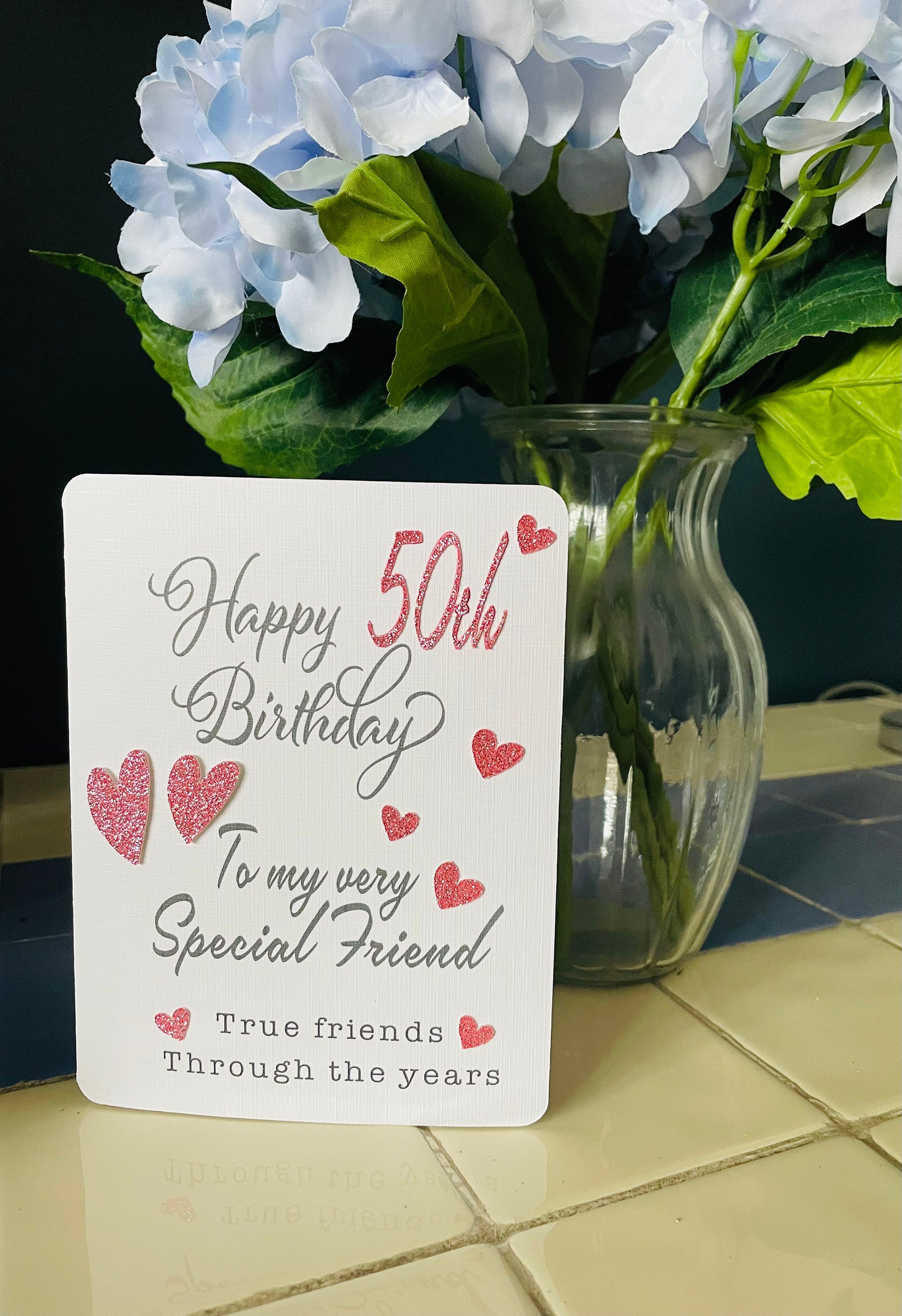 50th Birthday Card for True Friend Pretty Pink Fiftieth Greetings Card ...