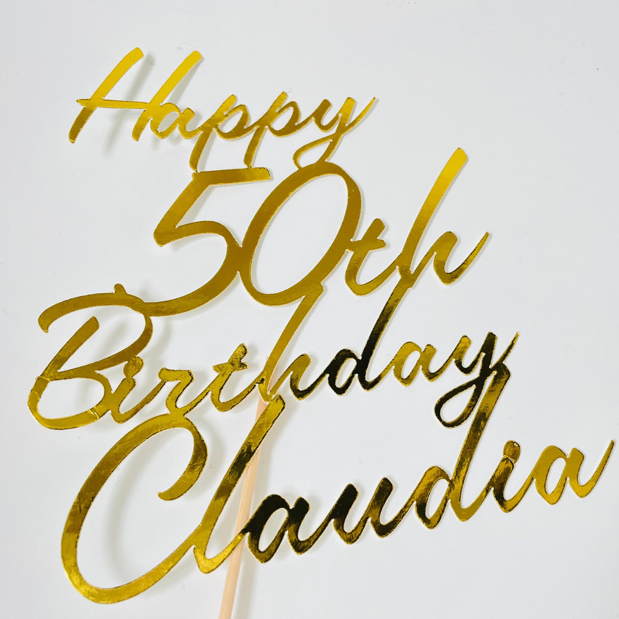 Personalised 50th Gold Birthday Cake Topper, Name and Age Mirror Gold ...