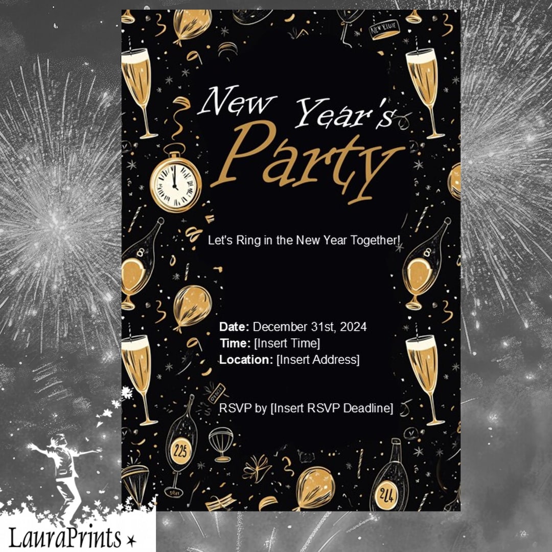 New Years Eve Invitation Template New Year Party Editable Invite Black ...